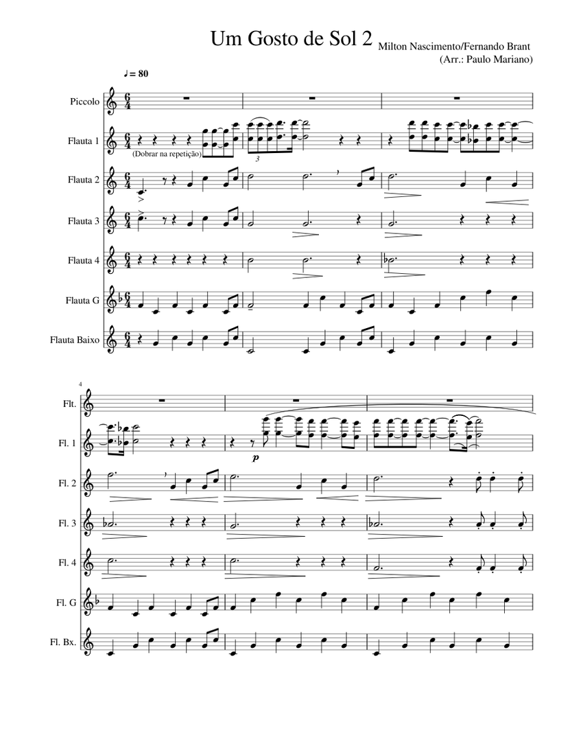 Um Gosto de Sol Sheet Music for Flute piccolo, Flute, Flute alto (Mixed ...