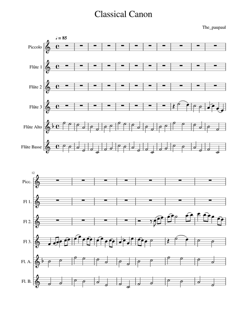 Classical Canon 6 flûtes Sheet Music for Flute piccolo, Flute, Flute ...