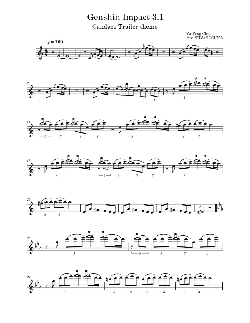 Candace Trailer theme – Yu-Peng Chen - Genshin Impact 3.1 Sheet music ...