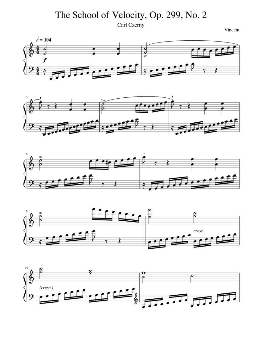 Czerny - The School of Velocity, Op. 299, No. 2 Sheet music for Piano ...