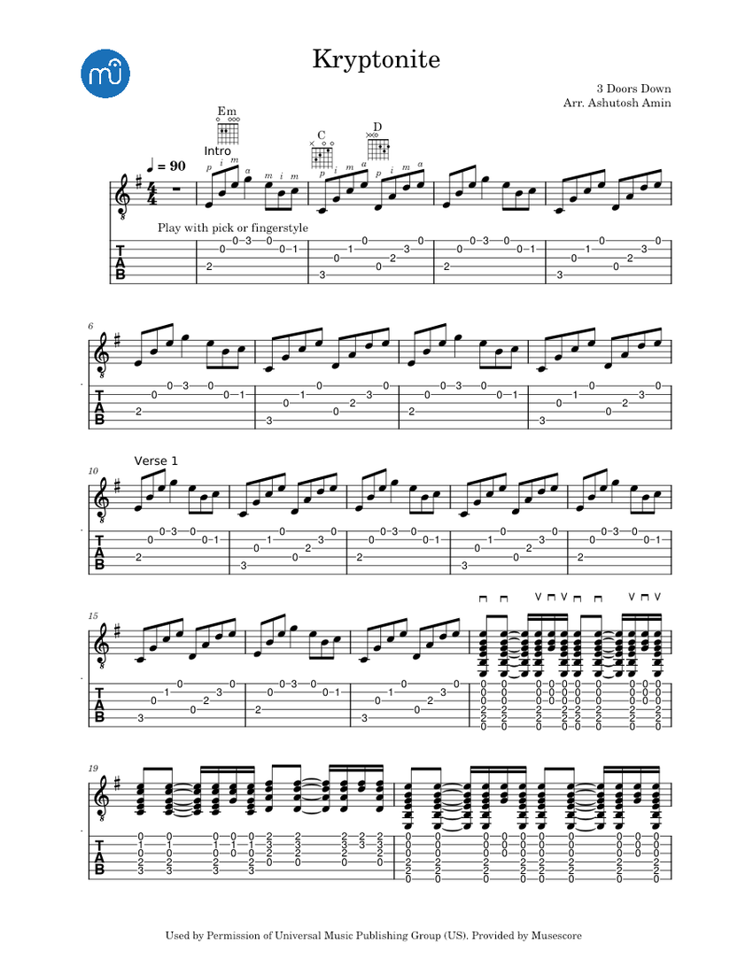 Kryptonite - 3 Doors Down (GTR90-M9) Sheet music for Guitar (Solo ...