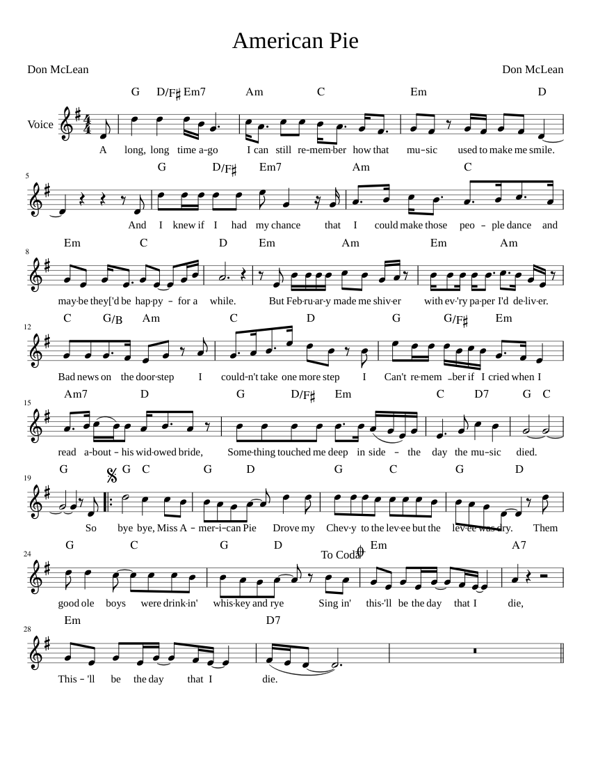 American Pie Sheet Music with Chords for Voice (other) (Solo ...