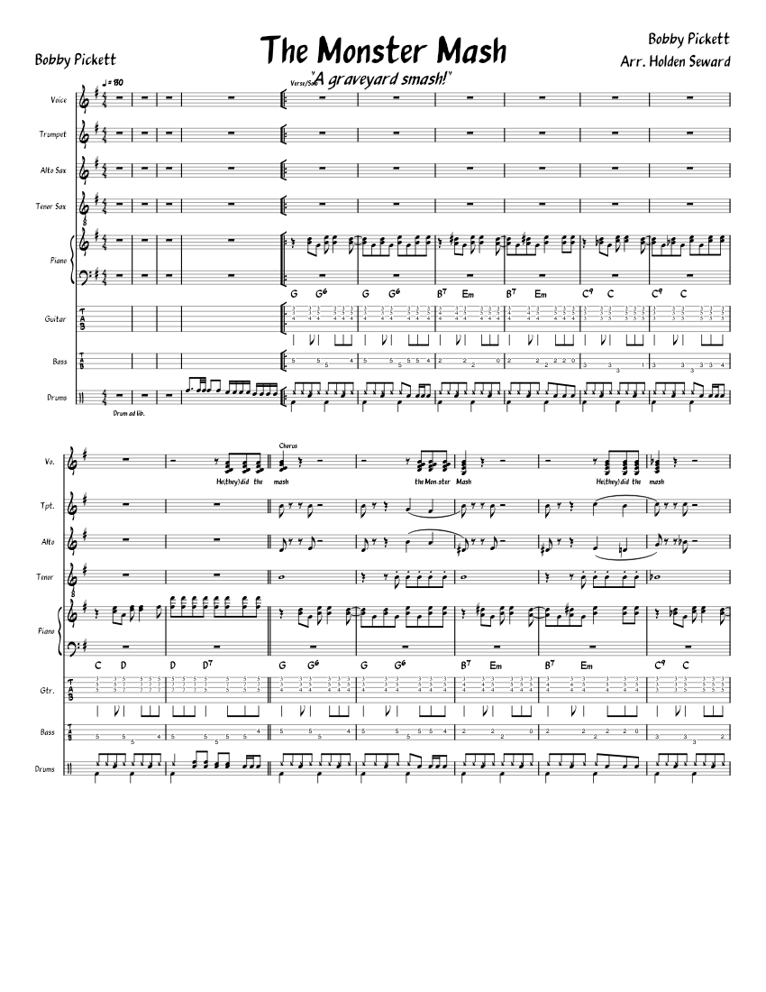 The "Monster Mash" Sheet Music and Tab with Chords for Piano, Vocals ...