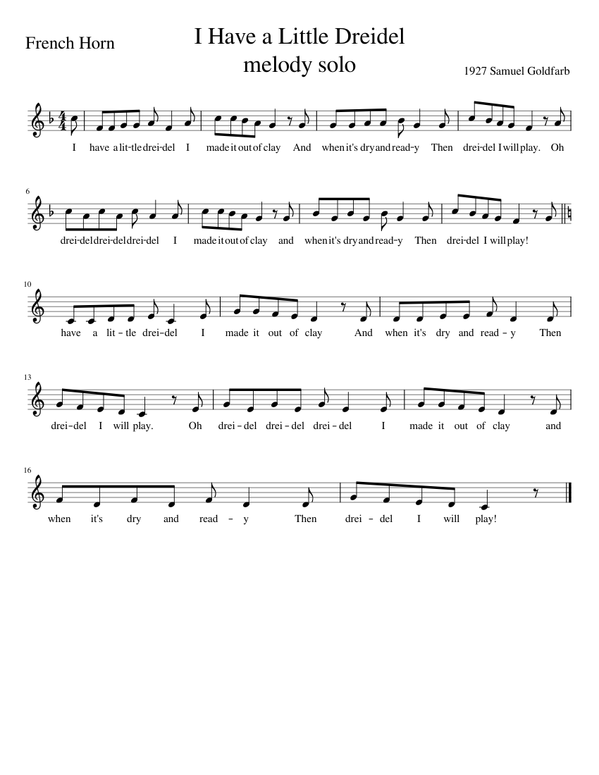 I Have a Little Dreidel melody solo french horn Sheet Music for French ...