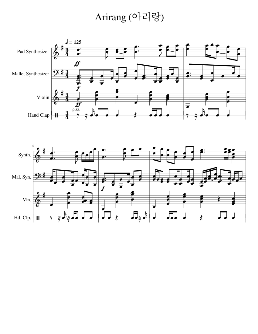 Arirang (아리랑) Sheet Music for Violin, Synthesizer, Hand clap (Mixed ...