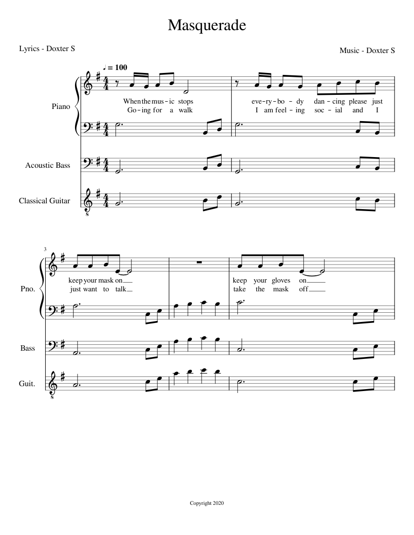 Masquerade Sheet music for Piano, Guitar, Bass guitar (Mixed Trio ...