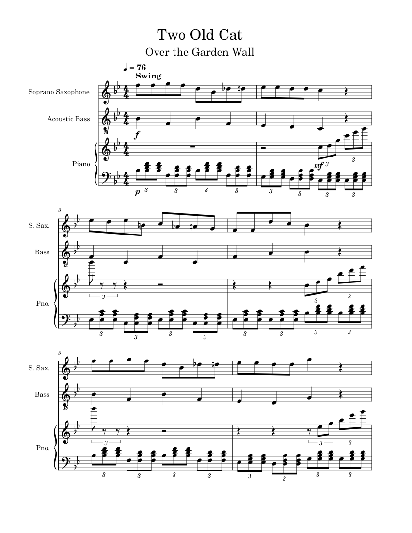 Two Old Cat – Over the Garden Wall Sheet music for Piano, Bass guitar ...