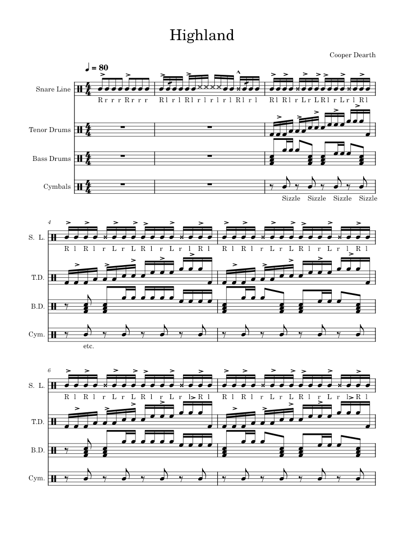 Highland Sheet Music for Snare drum, Crash, Tenor drum, Bass drum ...