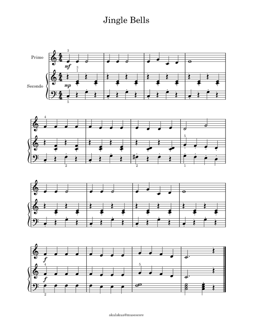 Jingle Bells - Piano Duet Sheet Music for Piano (Piano Four Hand ...
