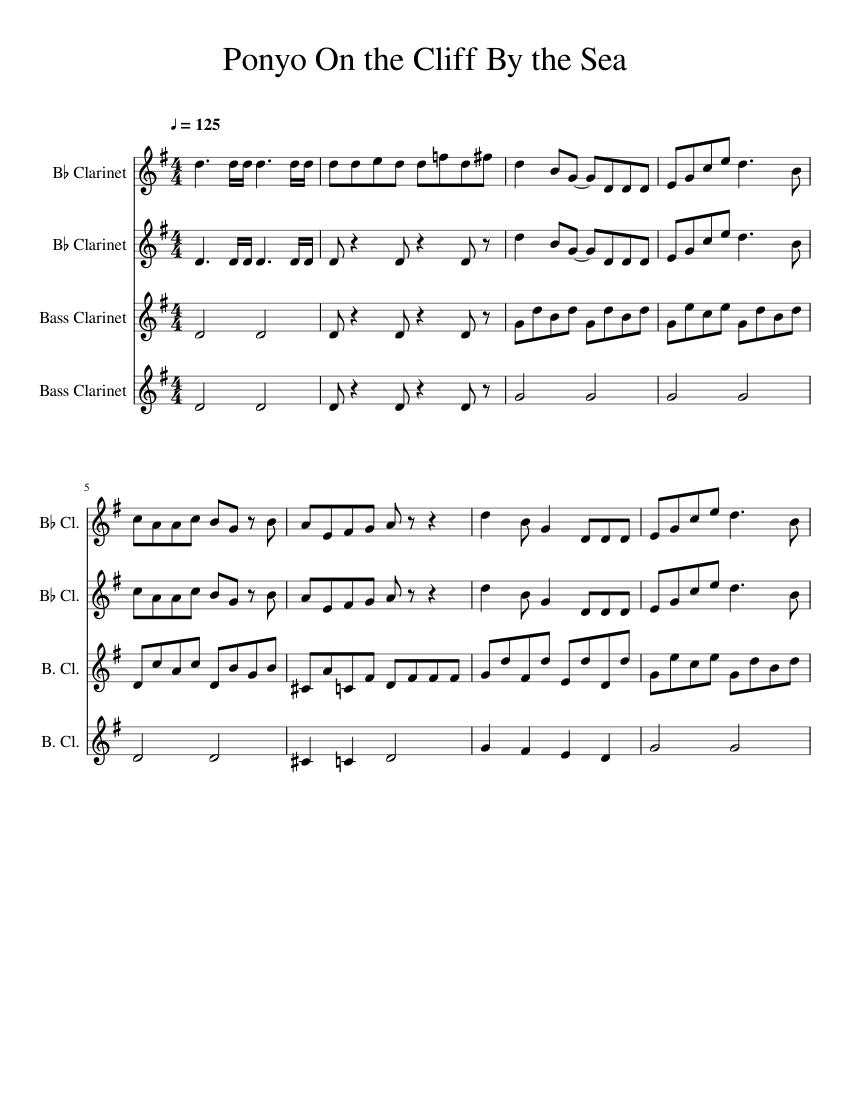 Ponyo On the Cliff By the Sea Sheet Music for Clarinet in b-flat ...