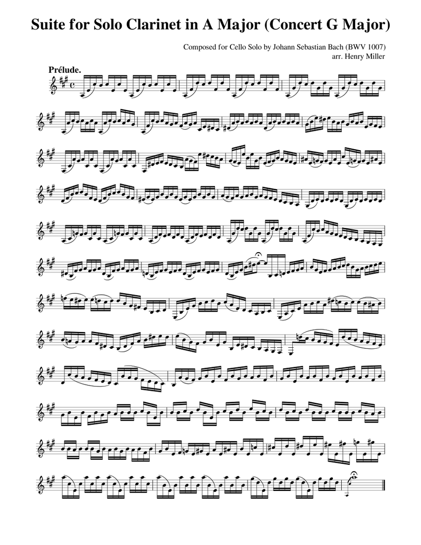 Bach - Cello Suite No. 1 (BWV 1007) - Solo Clarinet in A Major Sheet ...