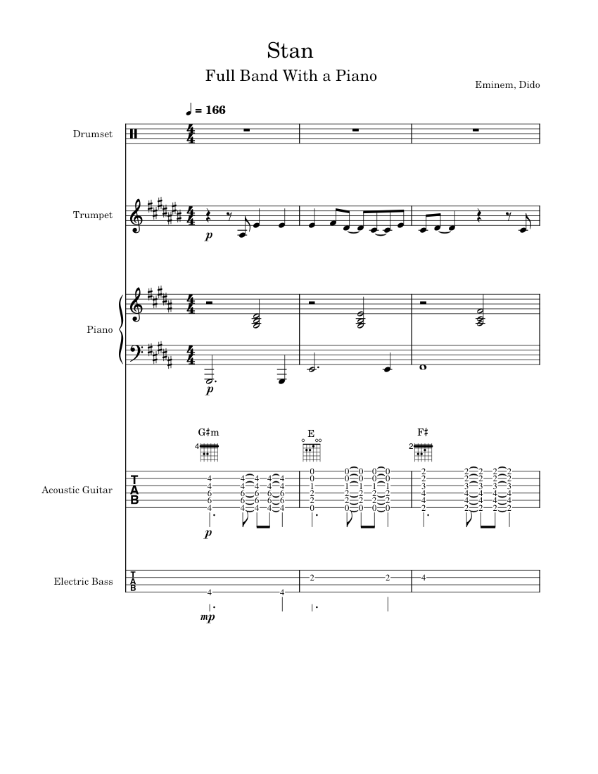 Stan – Eminem Stan Full Band Sheet Music for Piano, Guitar, Bass guitar ...