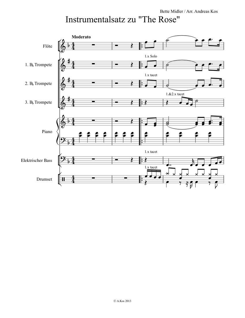 Instrumentalsatz zu The Rose Sheet Music for Piano, Bass guitar (Mixed ...