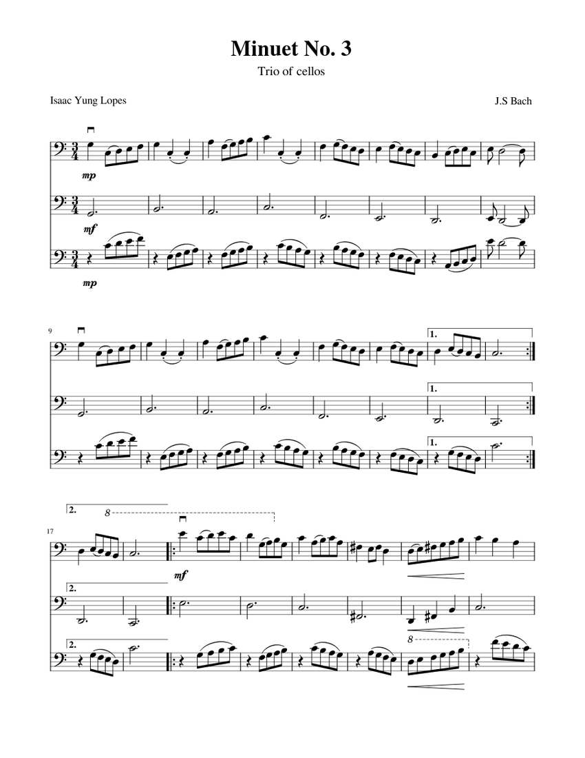 Minuet no. 3 Trio of cellos Sheet Music for Cello (String Trio ...
