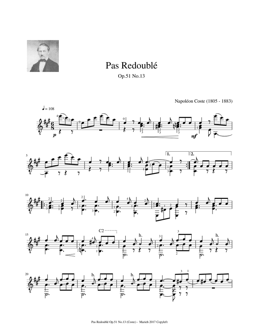Pas Redoublé Op.51 No.13 - Napoléon Coste (1805 - 1883) Sheet music for ...
