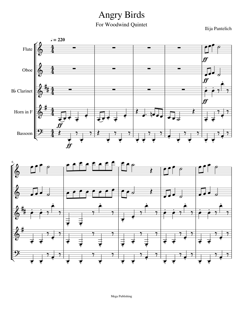 Angry_Birds Wind Quintet Sheet Music for Flute, Oboe, Clarinet in b ...