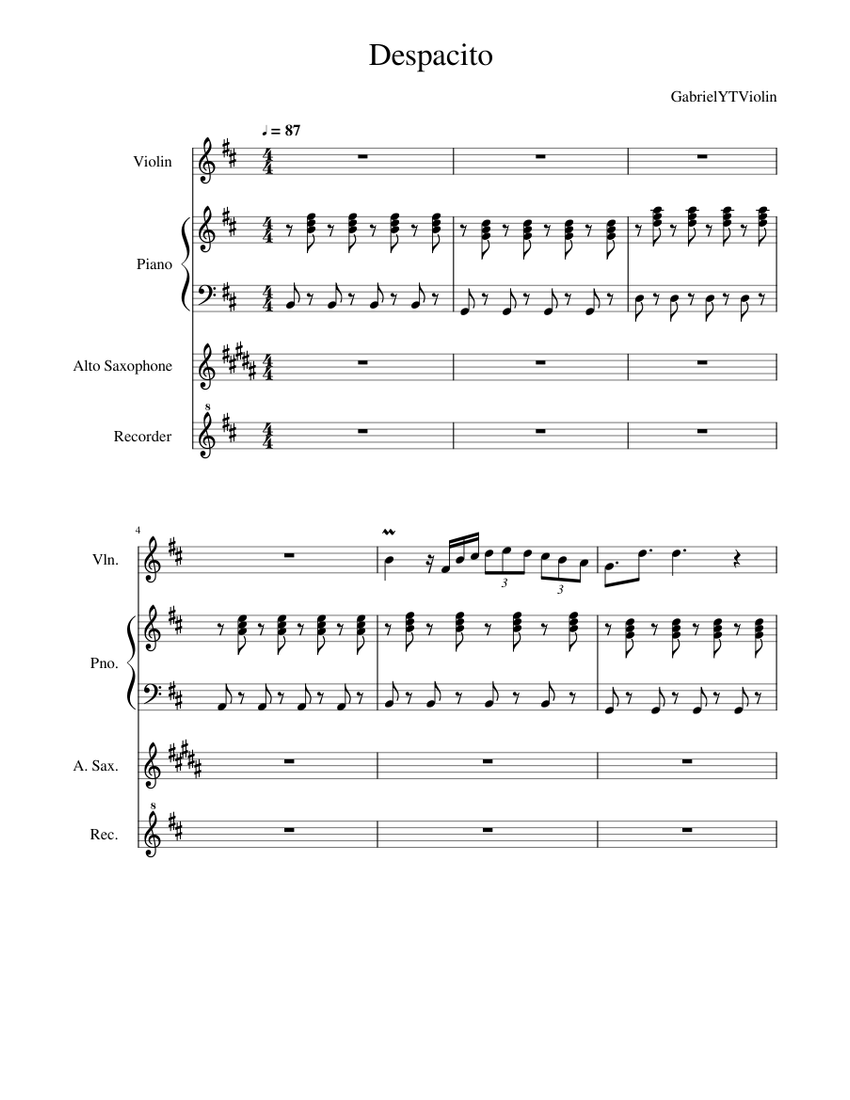 Despacito Sheet music for Piano, Saxophone alto, Violin, Recorder ...