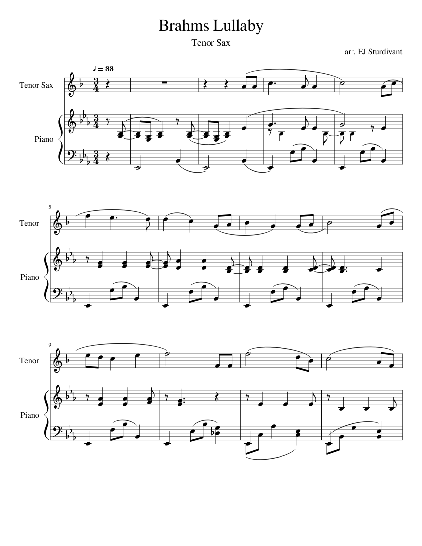 Brahms Lullaby - Tenor Sax Sheet Music for Piano, Saxophone tenor ...