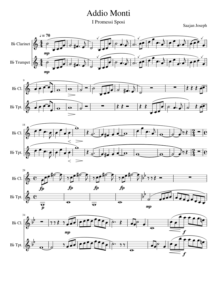 Addio Monti Sheet music for Clarinet in b-flat, Trumpet in b-flat (Mixed Duet) | Musescore.com