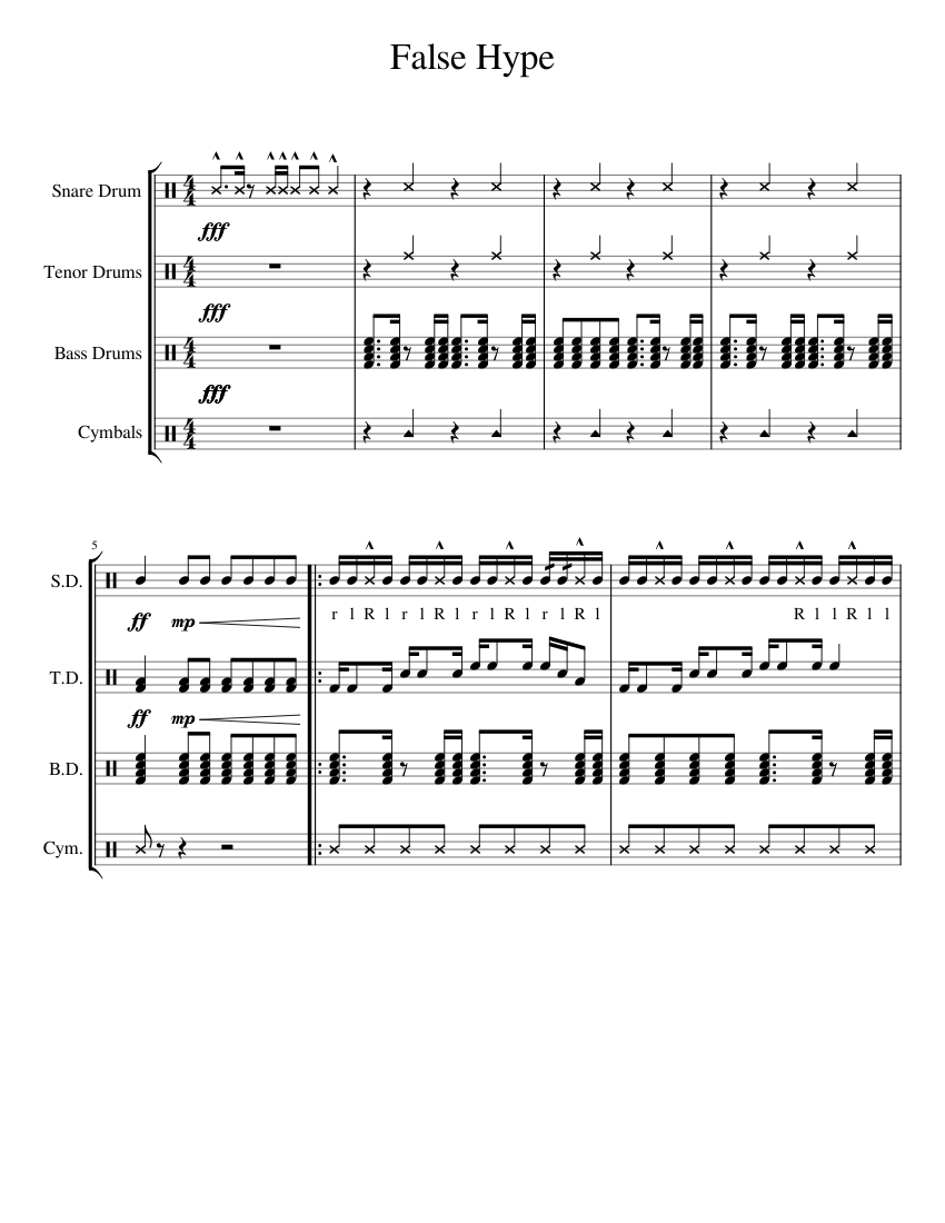 False Hype Sheet Music for Snare drum, Crash, Tenor drum, Bass drum ...
