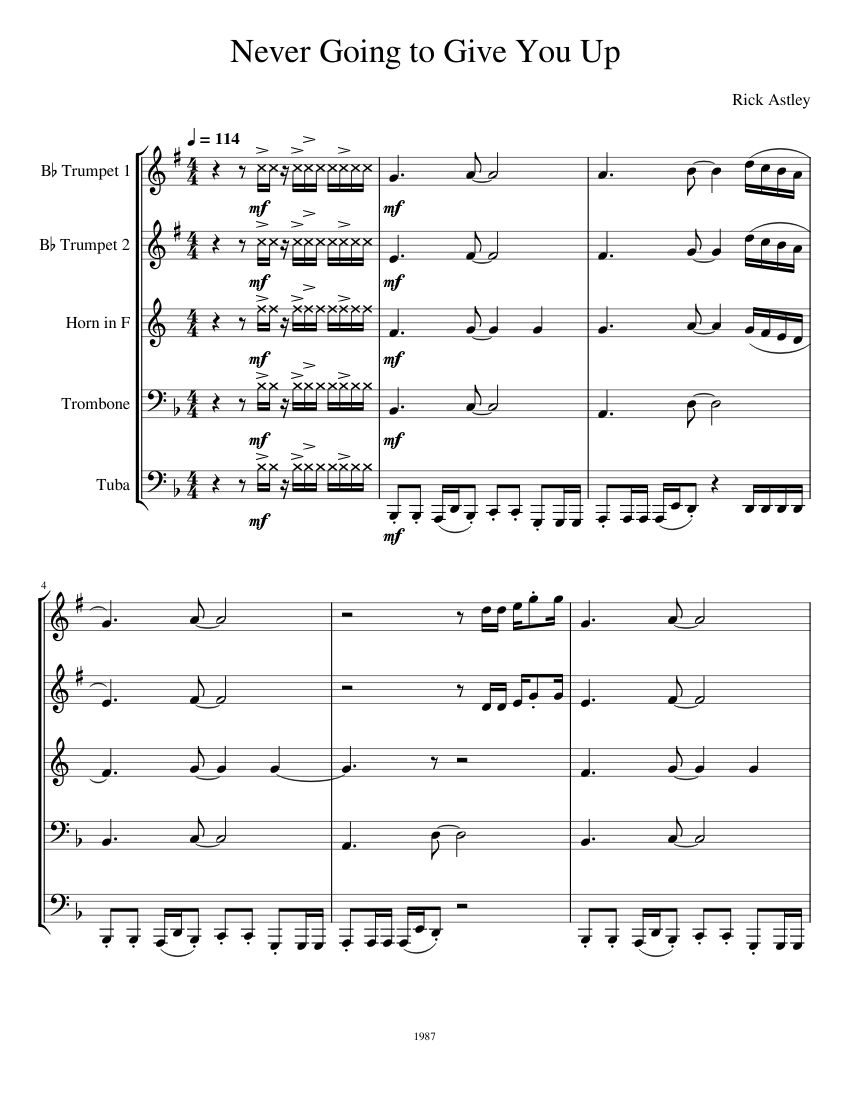 Never Gonna Give You Up – Rick Astley Sheet Music for Trombone, Tuba ...