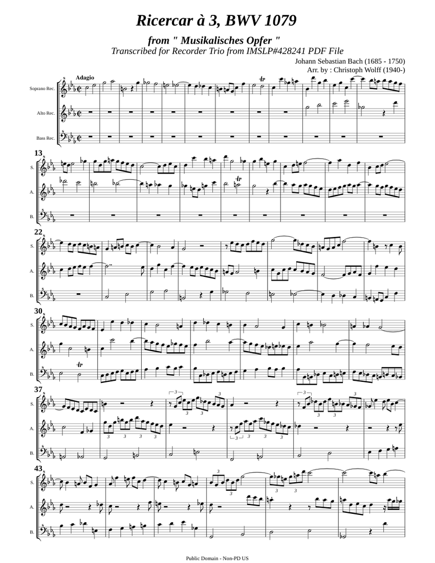 Bach, J. S. _ Ricercare a 3, BWV 1079 [3 Recorders] Sheet Music for ...