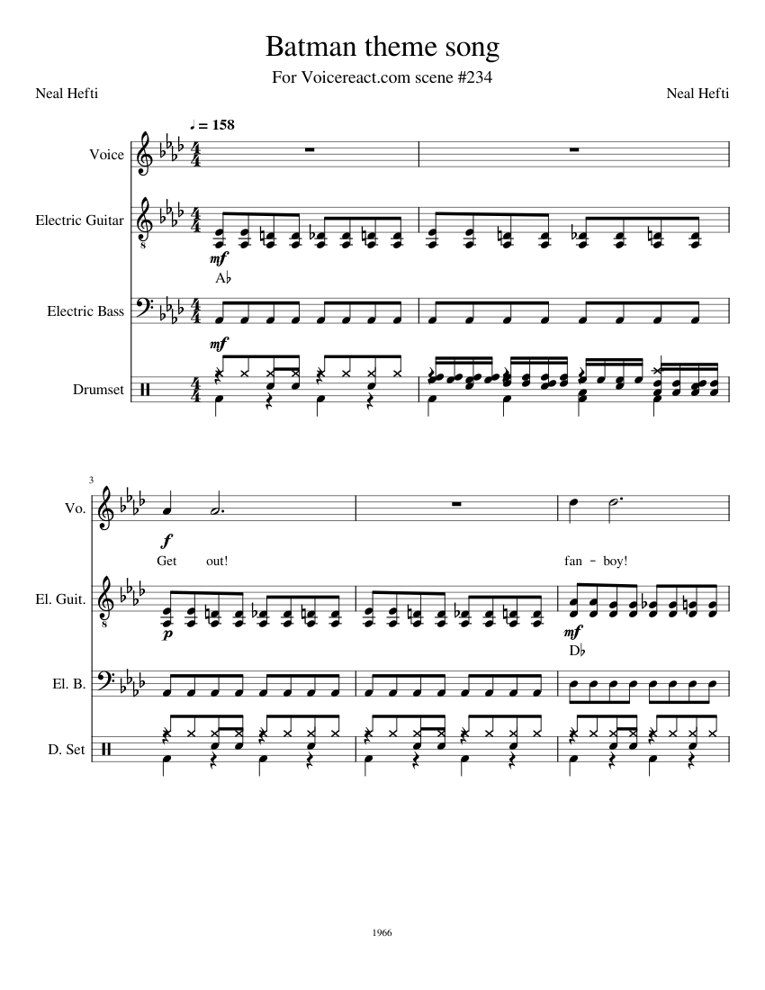 Batman theme song (Voicereact version) Sheet Music for Vocals, Guitar, Bass guitar, Drum group ...