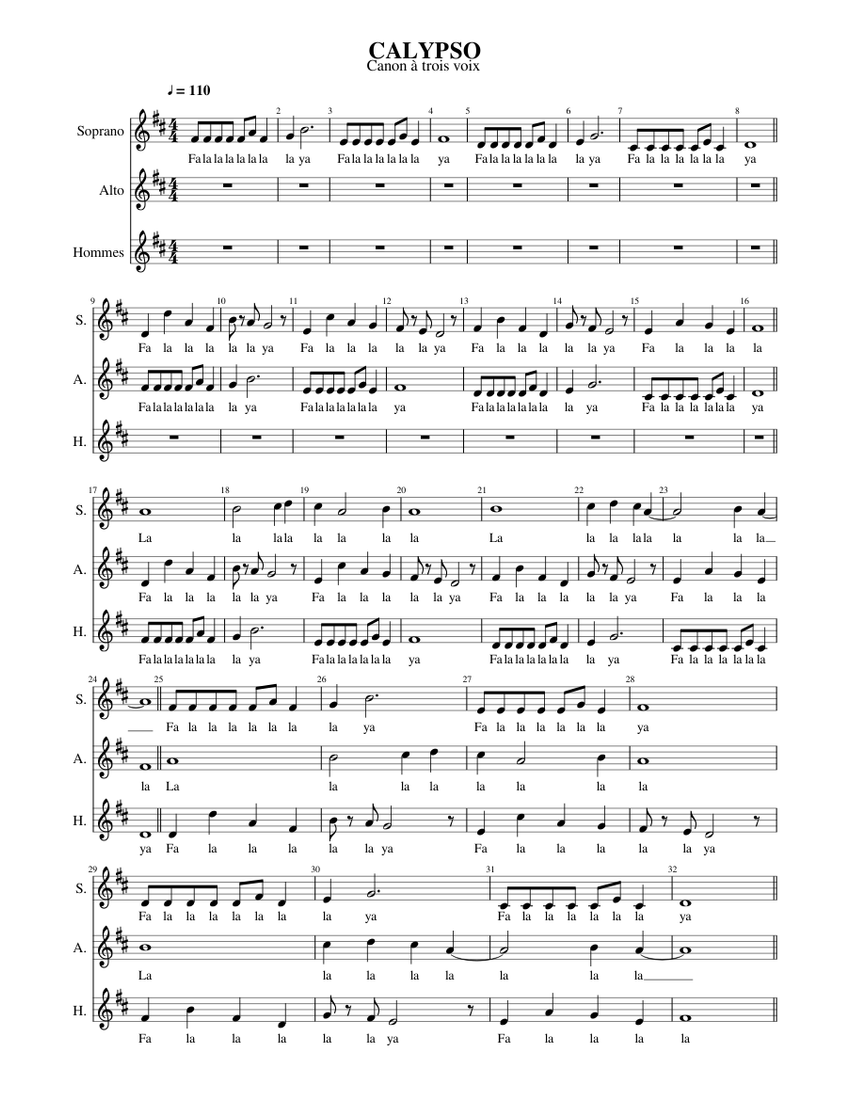 CALYPSO (Canon à 3 voix MuseScore) Sheet Music for Soprano, Alto, Male ...