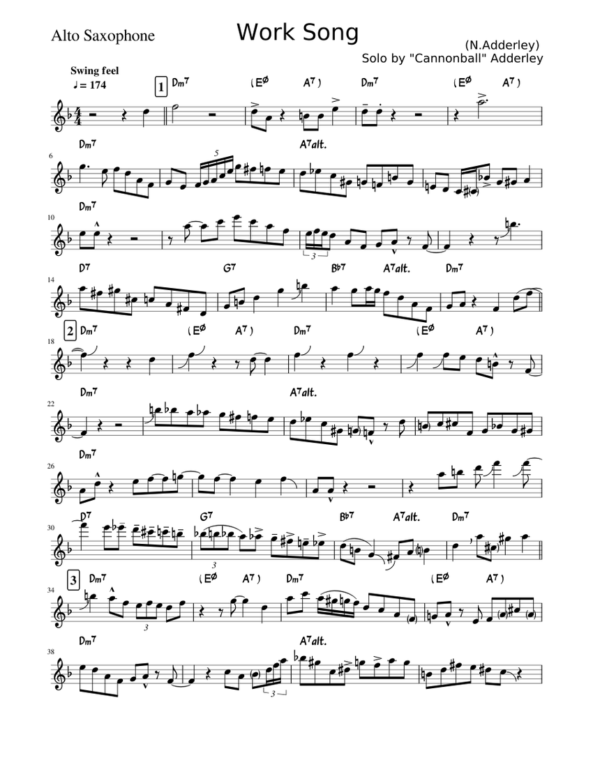 Work Song Cannonball's solo Sheet Music with Chords for Saxophone alto ...