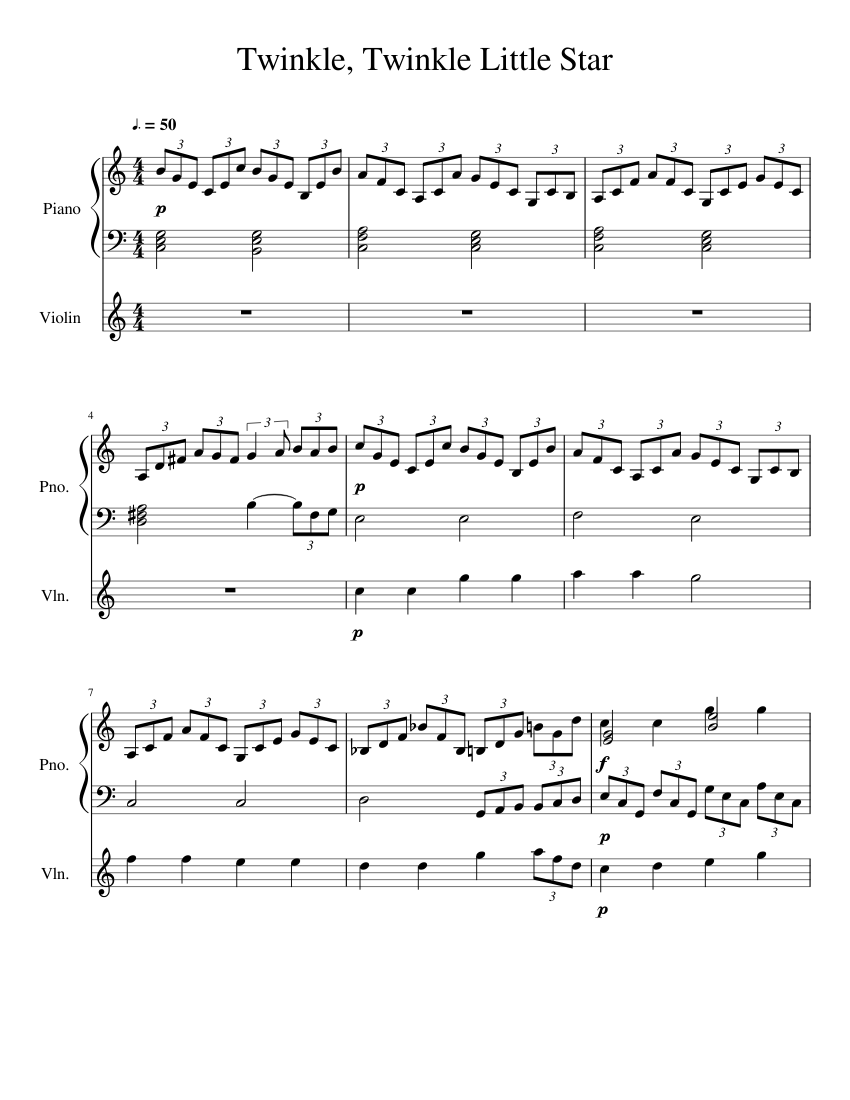 Twinkle, Twinkle Little Star (Piano and Violin Duet) Sheet Music for ...