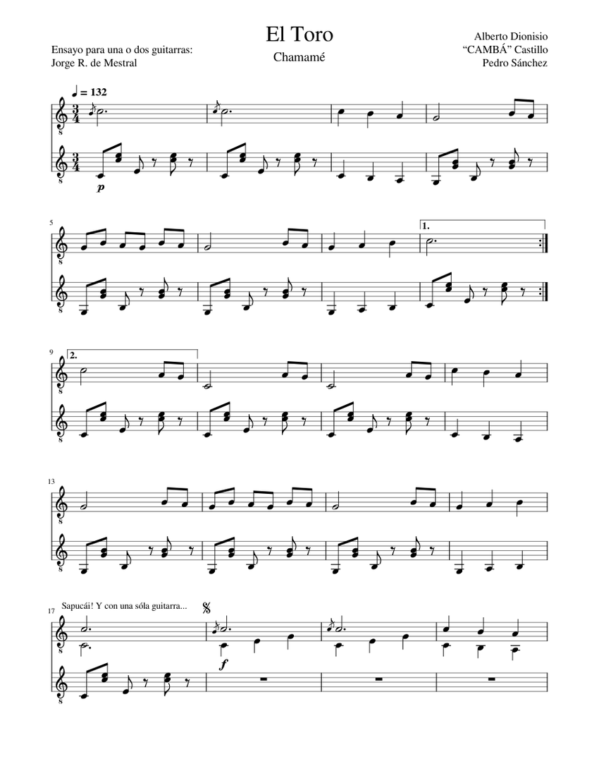 El Toro - Alberto Dionisio “CAMBÁ” Castillo Pedro Sánchez Sheet music ...
