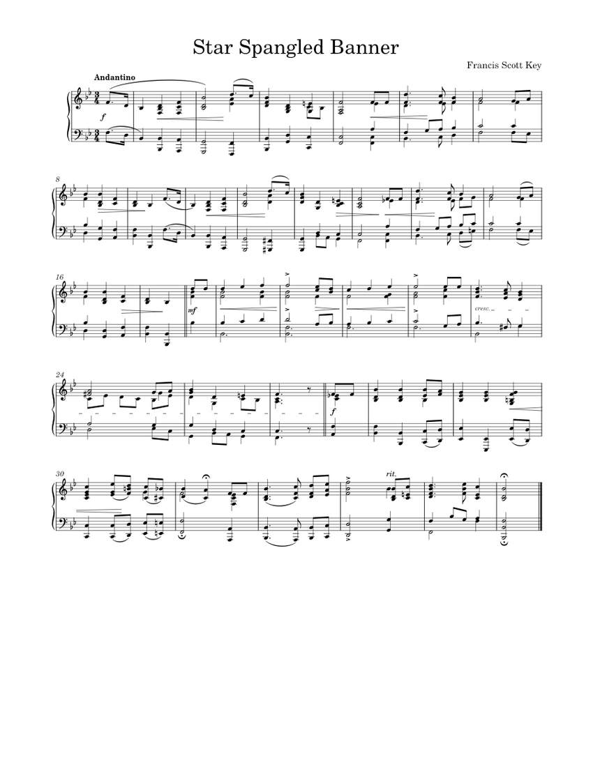 US National Anthem - Star Spangled Banner - Francis Scott Key Sheet ...