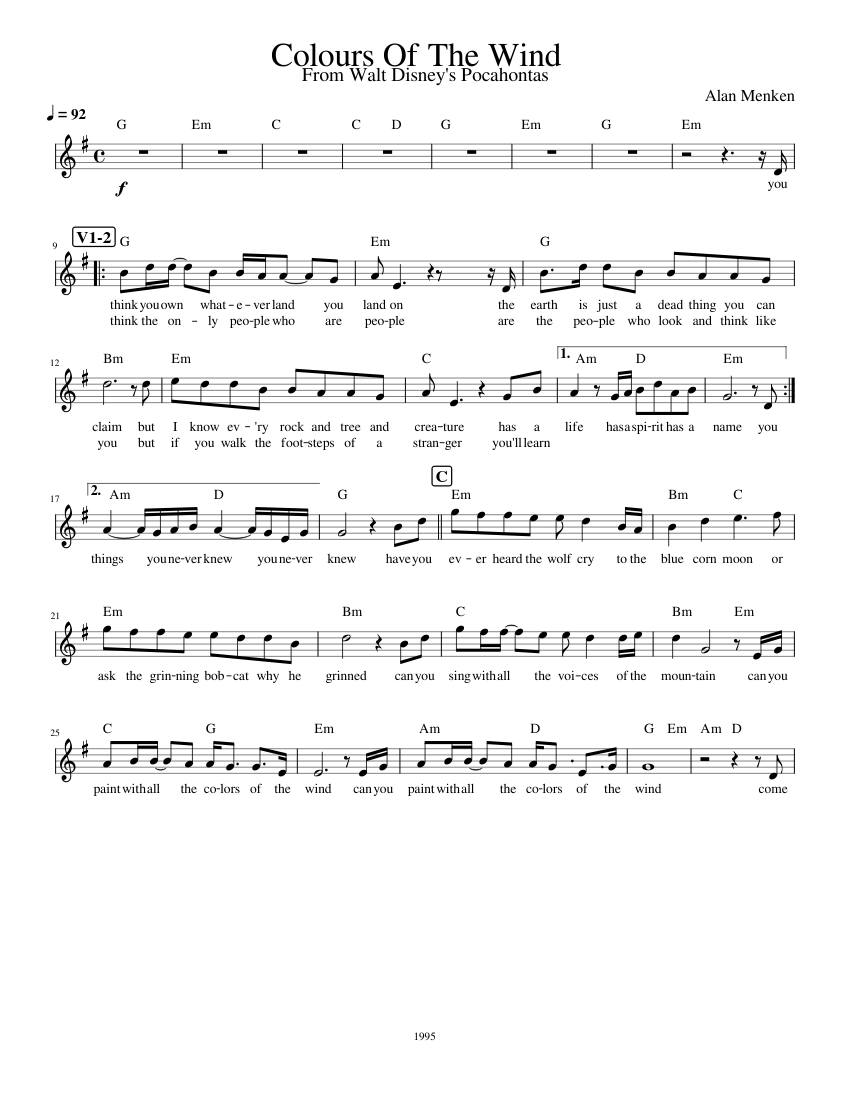Colors of the Wind – Alan Menken Sheet Music and Tab with Chords for ...
