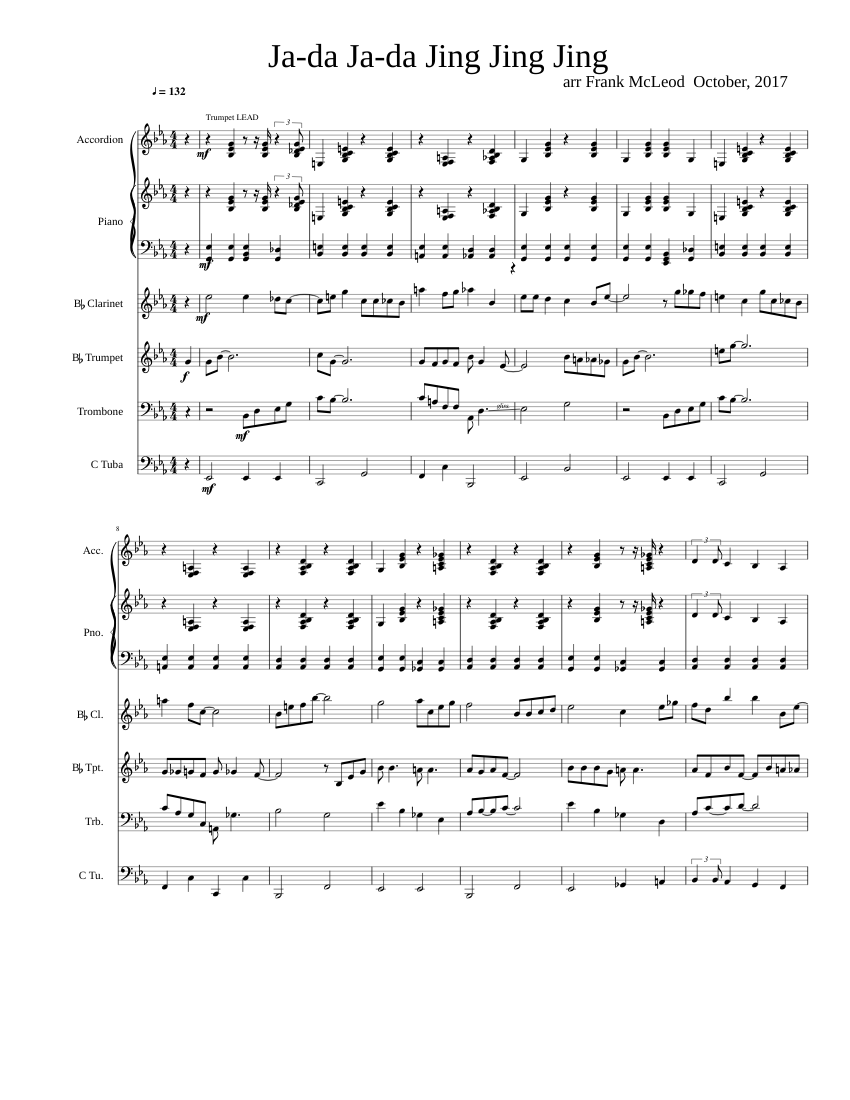 Jada Jada, Jing Jing Jing Sheet Music for Piano, Trombone, Accordion ...