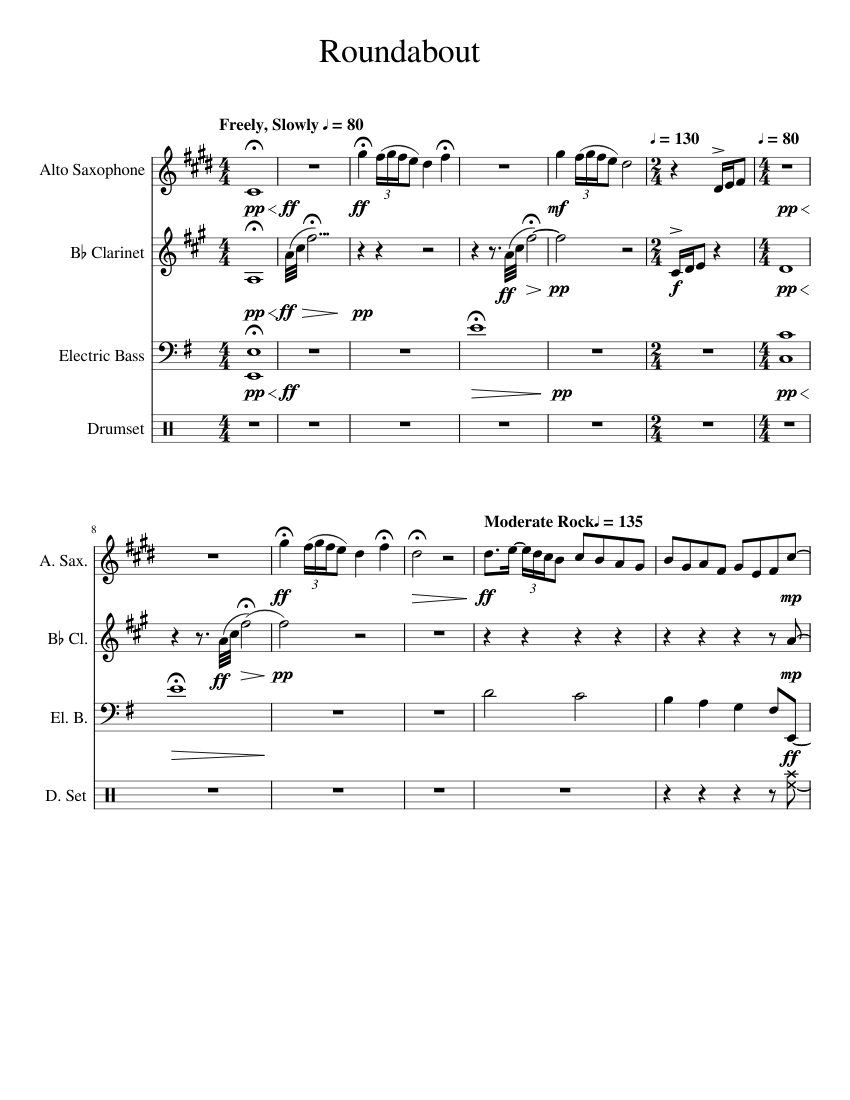Roundabout Sheet Music for Clarinet in b-flat, Saxophone alto, Bass ...