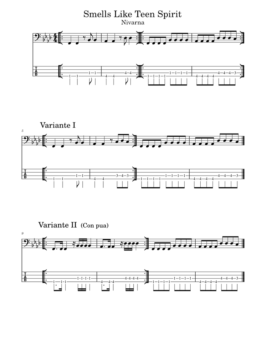 Smells Like Teen Spirit Nivarna Sheet Music and Tab for Bass guitar ...