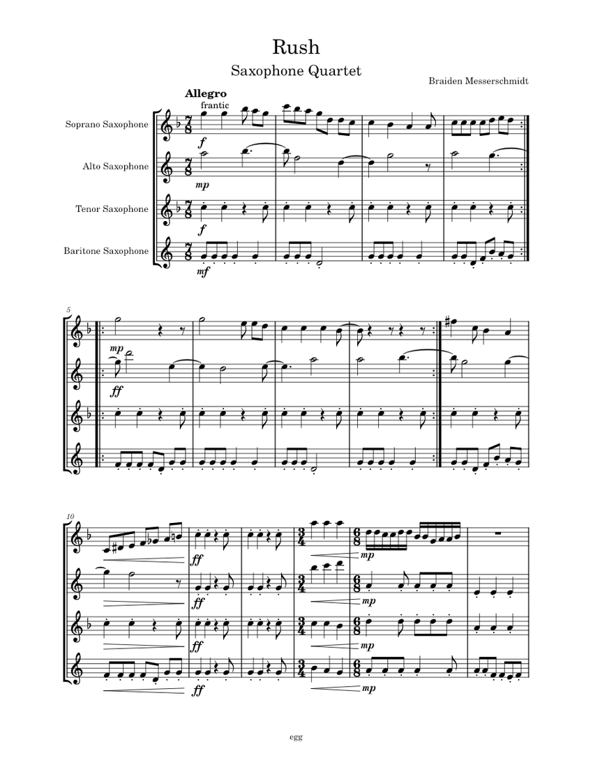 Rush- Saxophone Quartet (Braiden Messerschmidt) Sheet music for ...