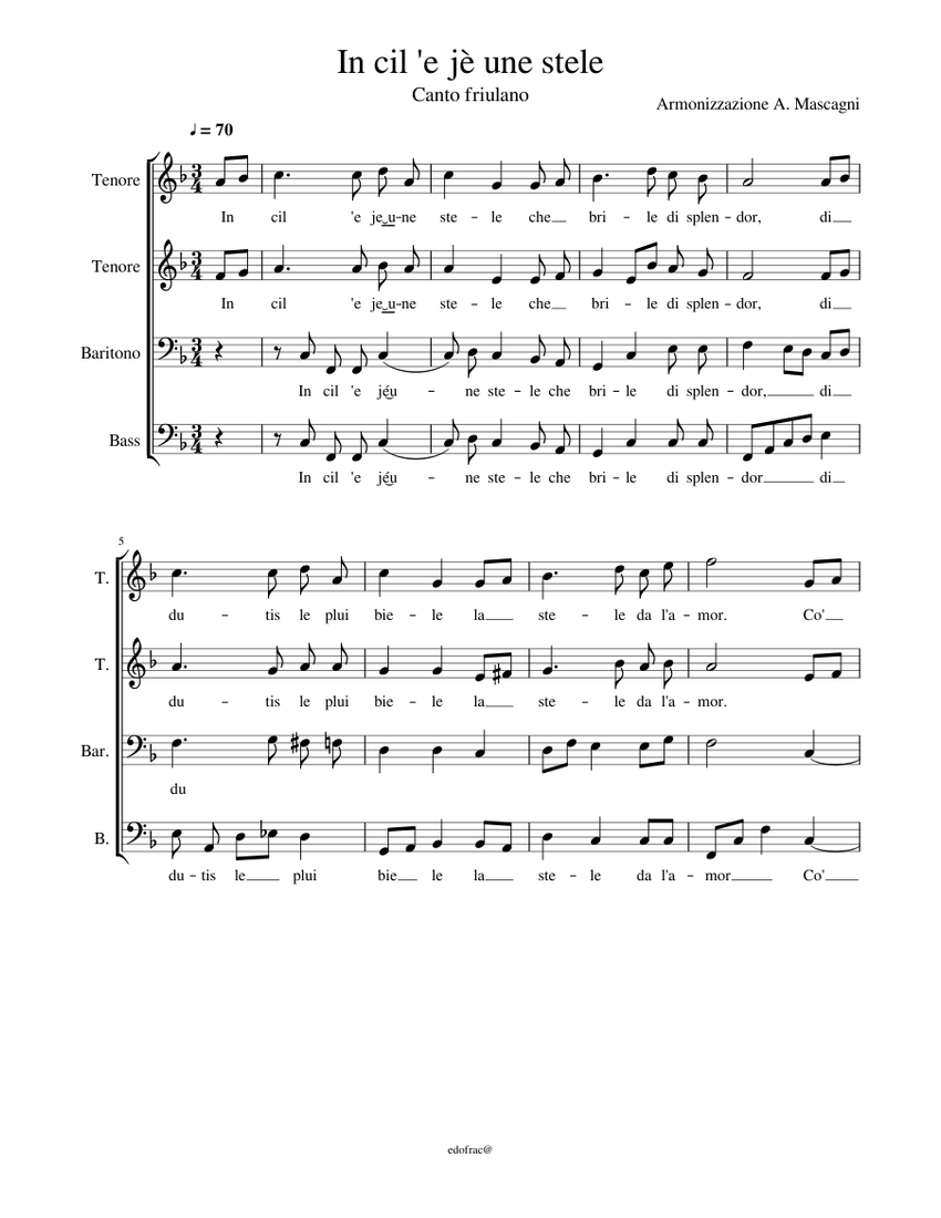 In cil 'e jè une stele Sheet Music for Tenor, Bass voice, Baritone (Choral) | MuseScore.com