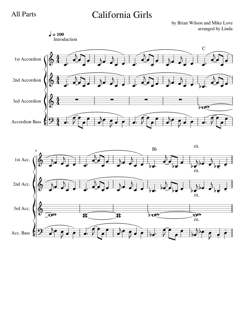 California Girls Sheet music for Accordion (Piano Quartet) | Musescore.com
