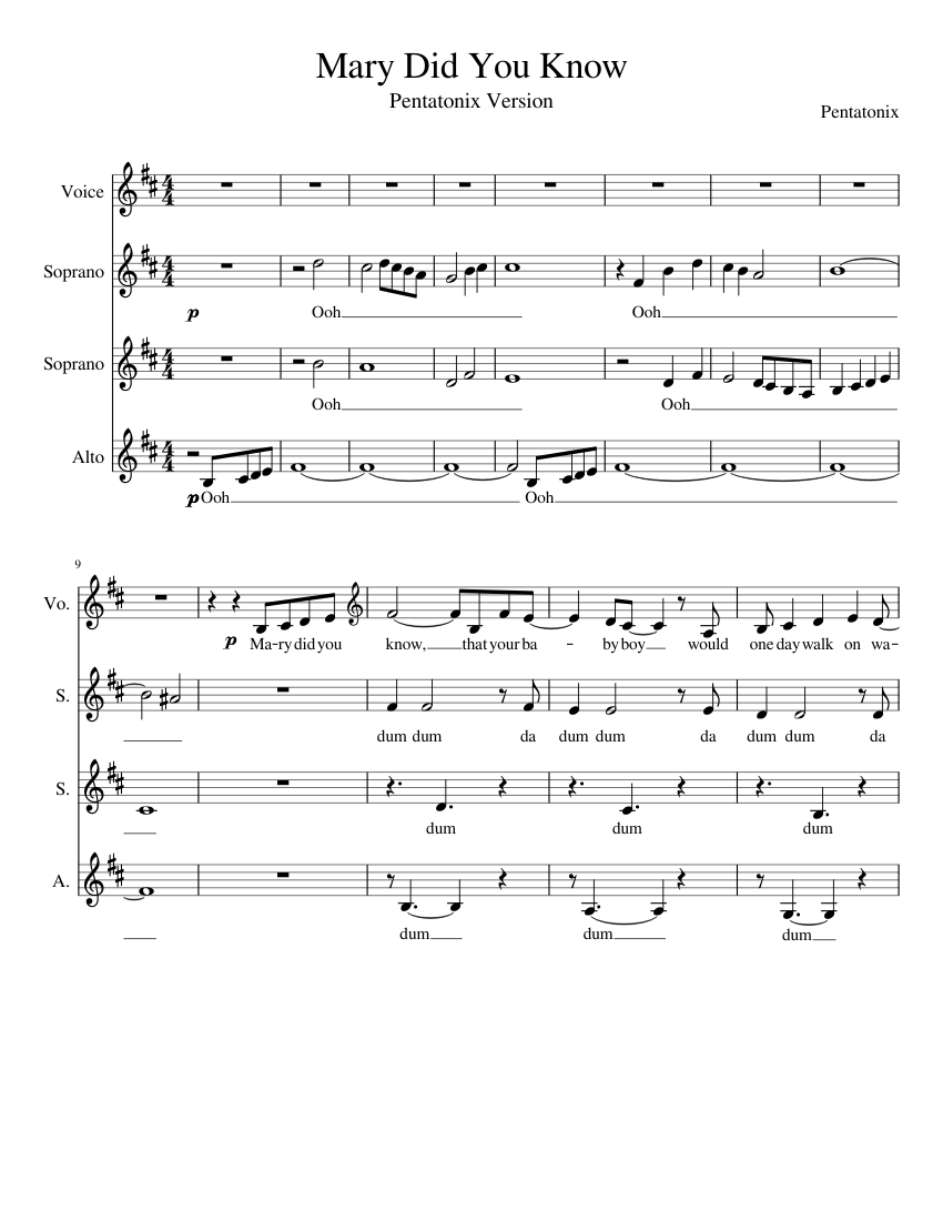 Mary Did You Know Sheet Music for Soprano, Alto, Vocals (Choral ...
