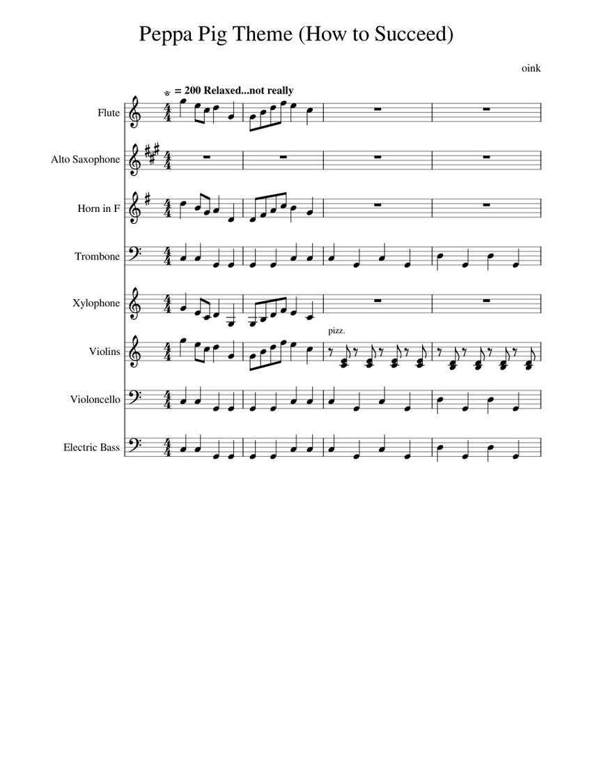 Peppa Pig Theme Sheet Music for Trombone, Flute, Saxophone alto, French ...