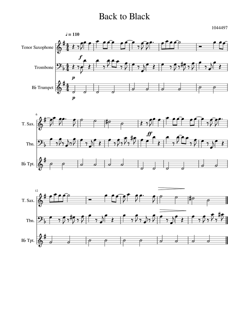 Back to Black Sheet music for Trombone, Saxophone tenor, Trumpet in b-flat (Mixed Trio ...