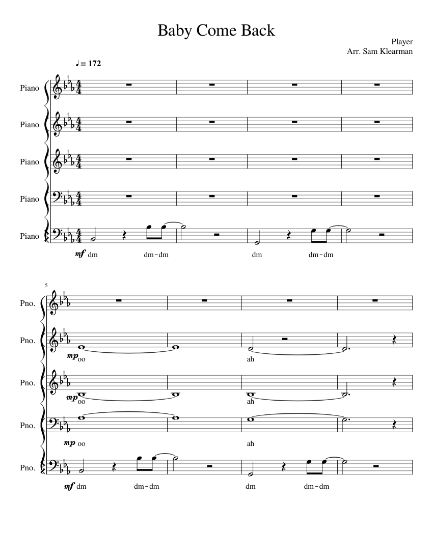 Baby Come Back Sheet Music for Piano (Mixed Quintet) | MuseScore.com