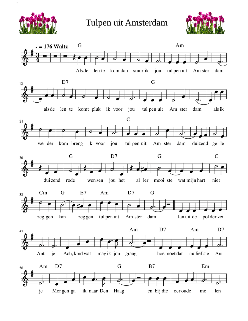 Tulpen uit Amsterdam in G Sheet Music with Chords for Melodica (Solo ...