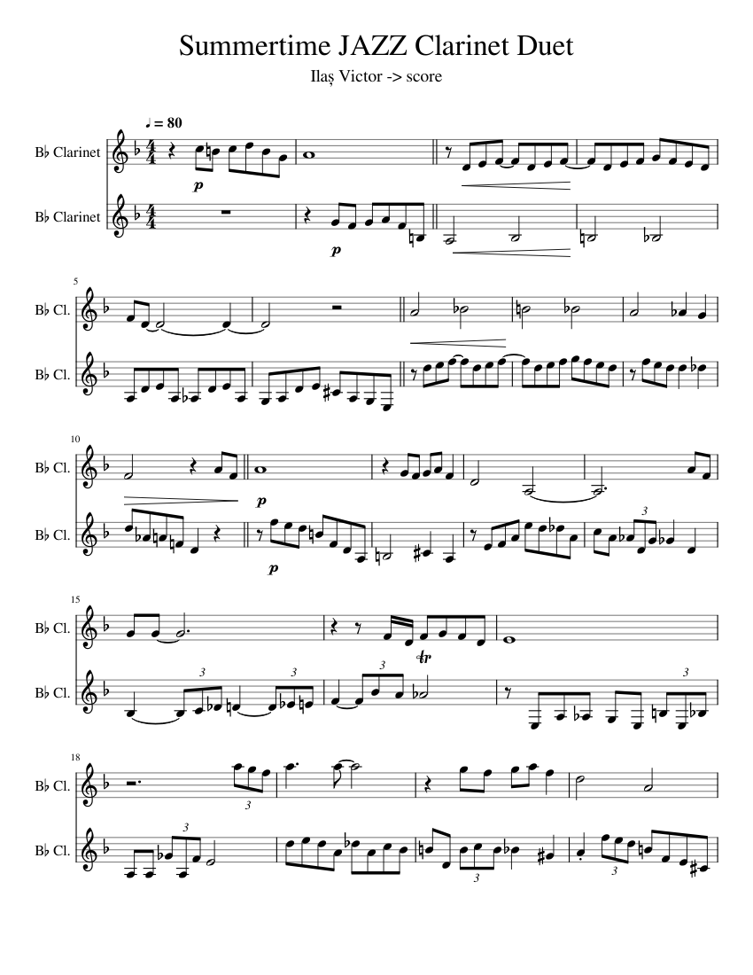 Summertime JAZZ Clarinet Duet -> Ilaș Victor(score) Sheet Music for ...