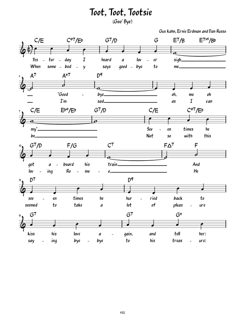 Toot, Toot, Tootsie (Lead sheet with lyrics and verse) Sheet Music with ...