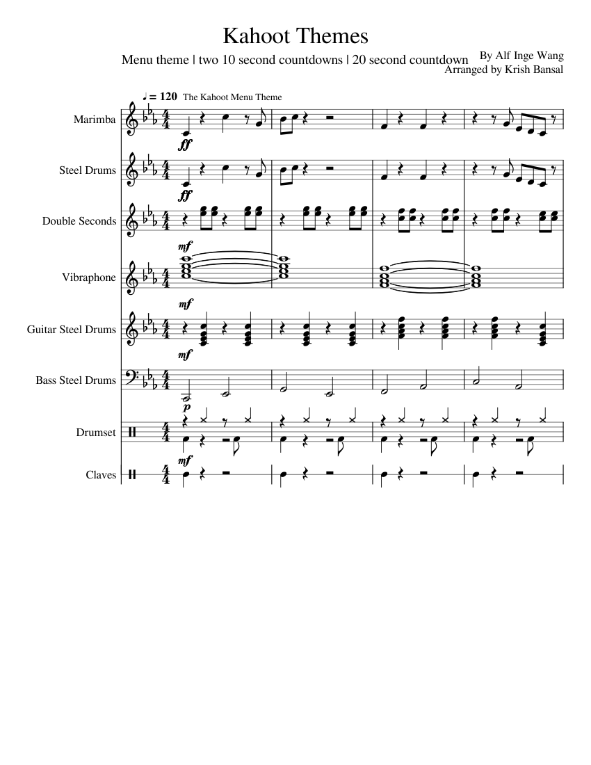 Kahoot Medley Sheet Music for Vibraphone, Drum group, Marimba, Claves ...