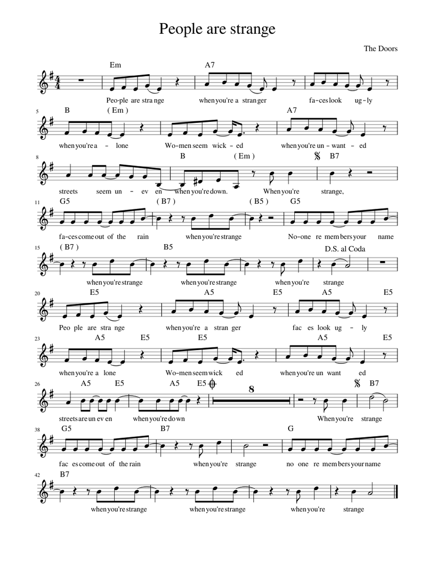 People are strange Sheet Music with Chords for Piano (Solo) easy ...