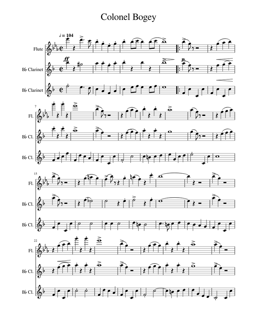 Colonel Bogey Sheet Music for Flute, Clarinet in b-flat (Woodwind Trio ...