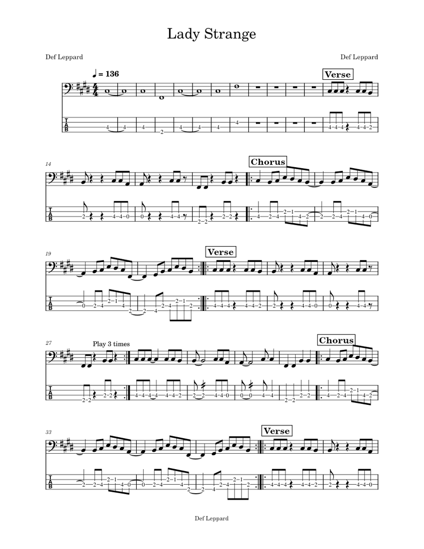 Lady Strange - Def Leppard Sheet music for Bass guitar (Solo ...